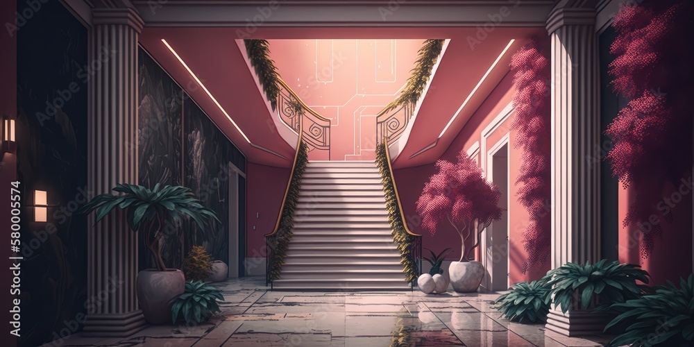 Realistic Synthwave Interior of a Luxury Mansion with a Nature-Inspired ...