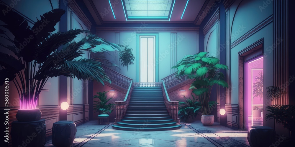 Realistic Synthwave Interior of a Luxury Mansion with a Nature-Inspired ...