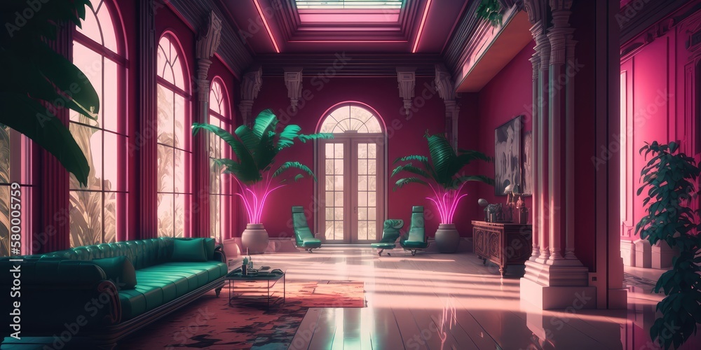 Realistic Synthwave Interior of a Luxury Mansion with a Nature-Inspired ...