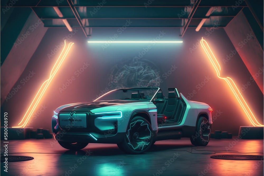 Neon racing sport car demonstrated innovative showroom. Concept of ...