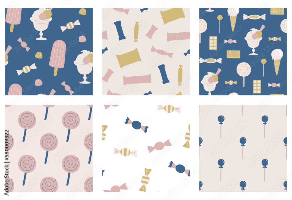 Set of seamless vector sweets patterns. Collection of candies ...