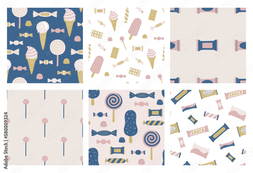 Set of seamless vector sweets patterns. Collection of candies ...