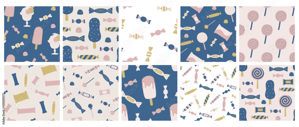 Set of seamless vector sweets patterns. Collection of candies ...