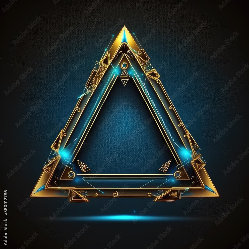 Abstract art of glowing fantasy golden and blue multi striped triangle ...