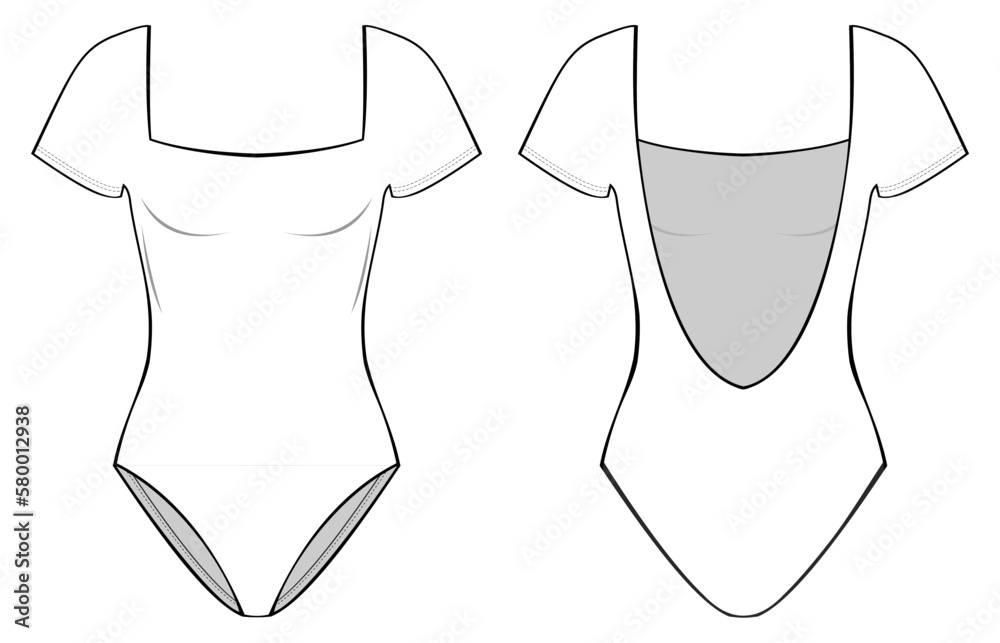 Women's square neckline Bodysuit fashion flat technical drawing ...