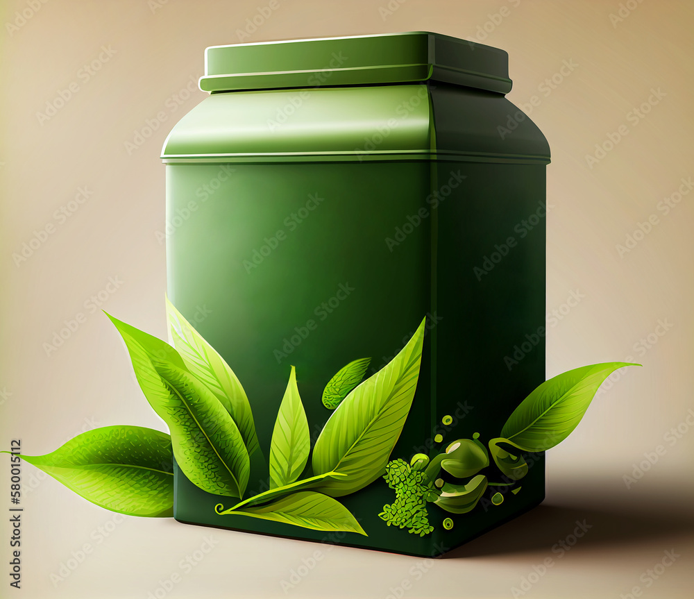 Green realistic cans with space for text.Template with green tea leaf ...