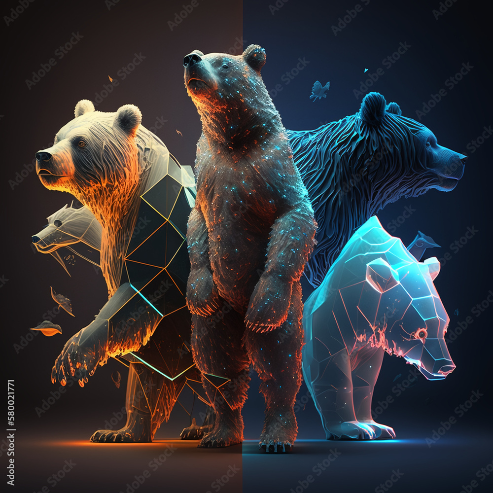 colorful different figures of bears on a dark background, bears of ...
