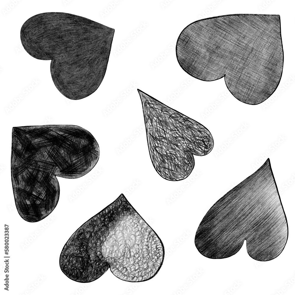 Set of Black Hearts Drawn by Pencil. The Sign of World Heart Day ...