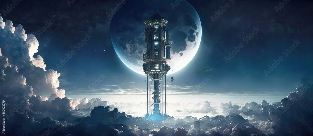 Space elevator. A large tower extending above the atmospherical clouds ...