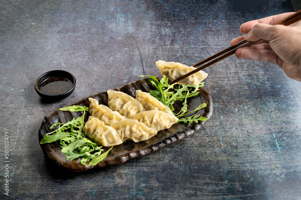 Traditional Asian cuisine fried gyoza balls with dipping sauce ...
