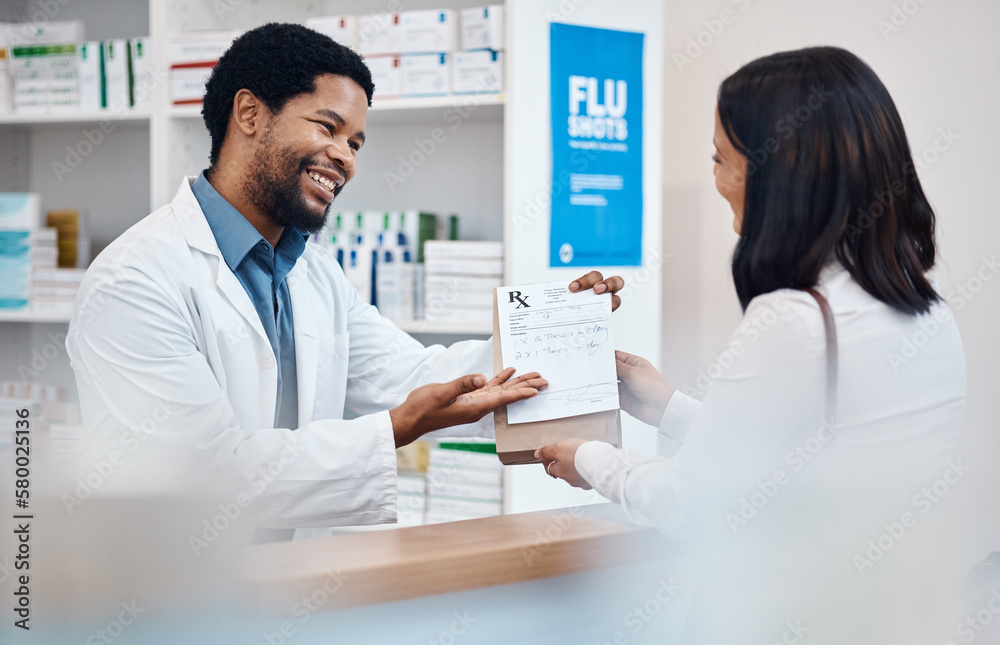 Pharmacy, counter and pharmacist with medicine for customer for ...
