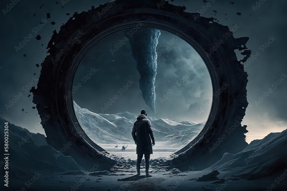 Spaceman travel through the space with mysterious sci-fi fantasy portal ...