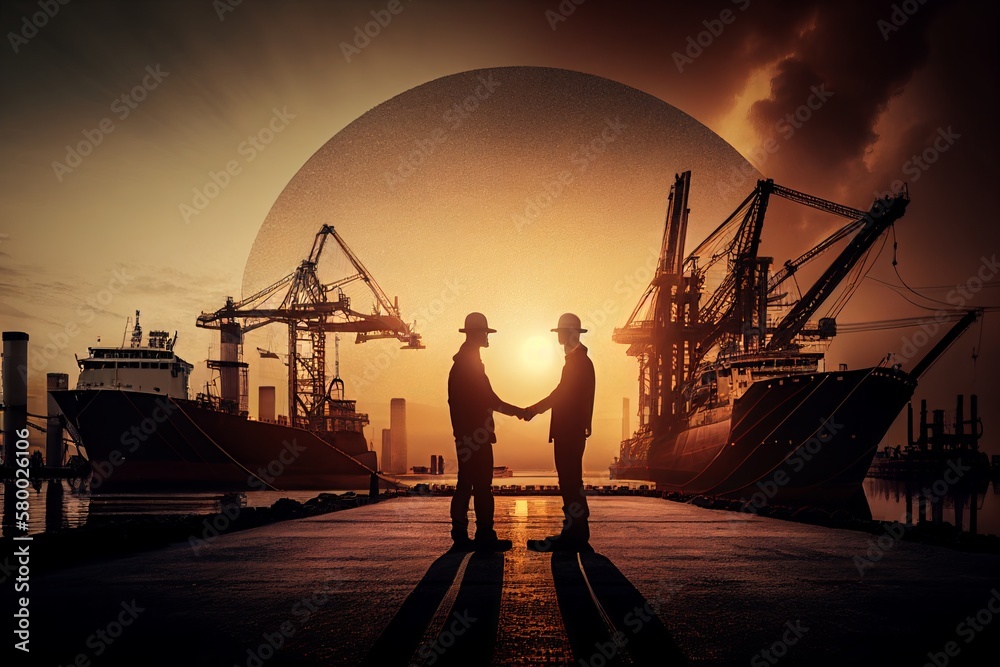 Business people shaking hands at port with container ship loading and ...