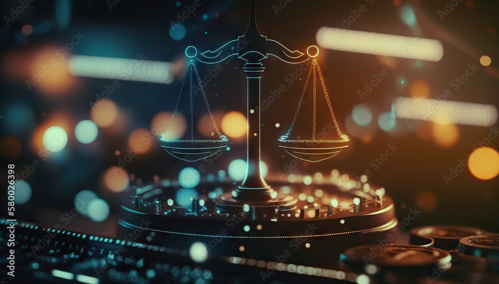 Law scales on background of data center. Digital law concept of duality ...