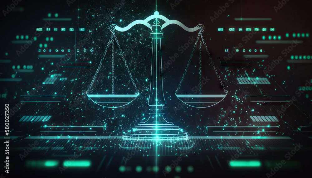 Law scales on background of data center. Digital law concept of duality ...