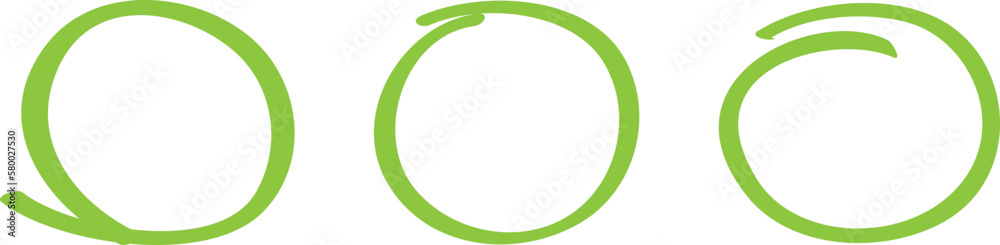 Green circle set, pen draw. Highlight hand drawing circle isolated on ...
