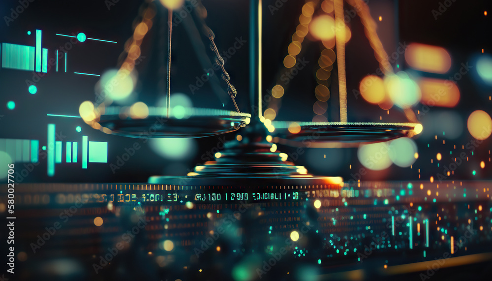 Law scales on background of data center. Digital law concept of duality ...