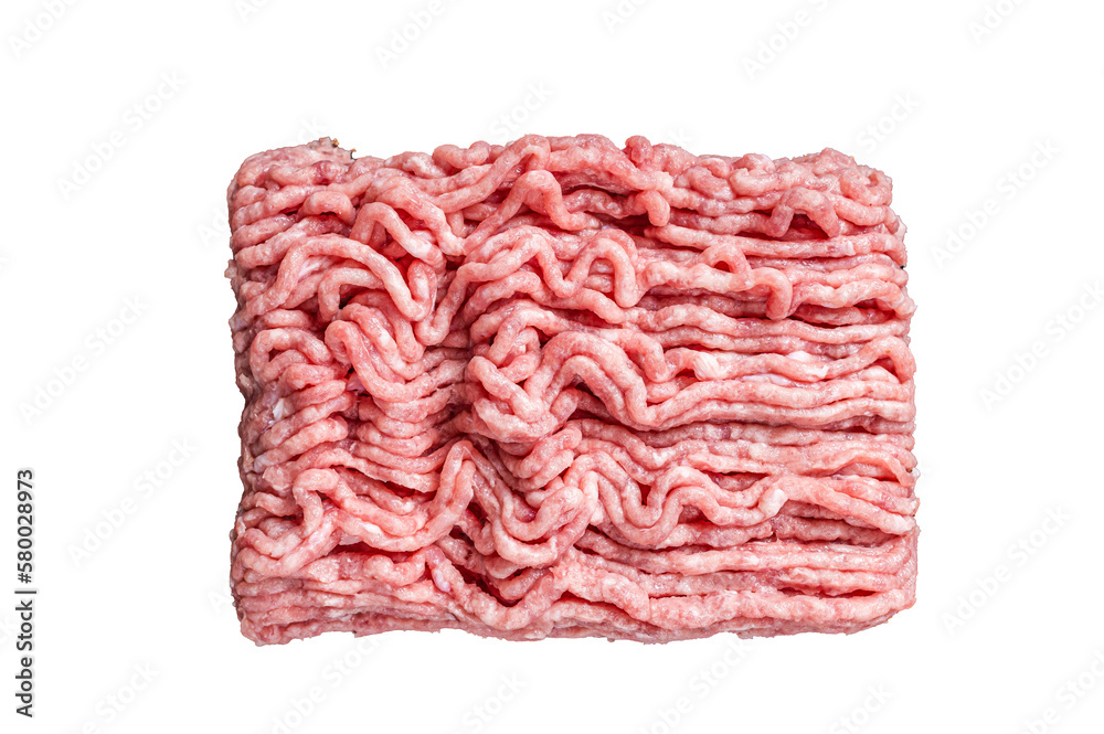 Raw ground chicken or turkey meat on brown table. Isolated, transparent ...