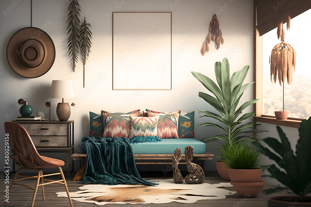 Square vertical frame mockup in boho style bedroom interior with ...