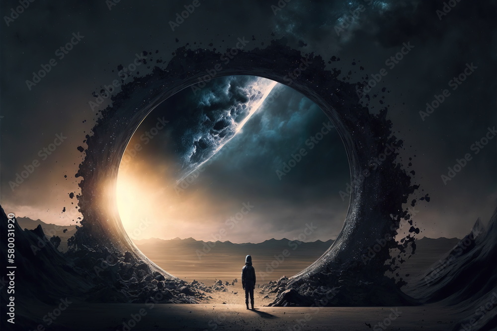 Spaceman travel through the space with mysterious sci-fi fantasy portal ...