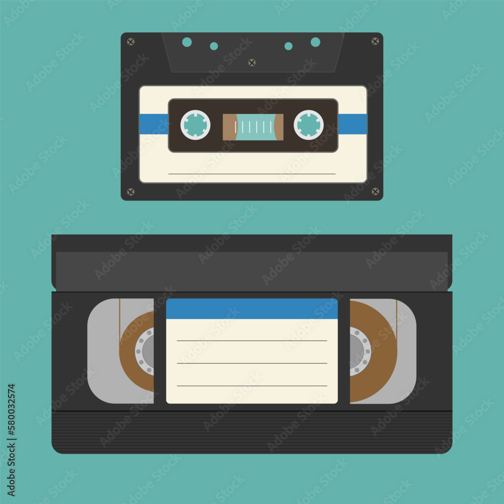 illustration of vhs cassette and audio cassette retro tech 90s 80s ...