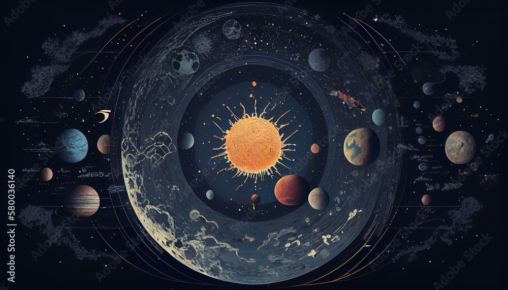 An intricate illustration of the solar system, with all the planets and ...