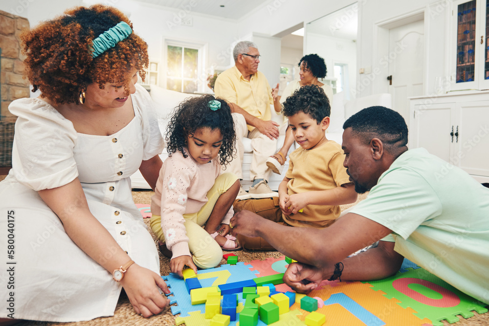 Family, parents and children on floor with toys for playing, creative ...