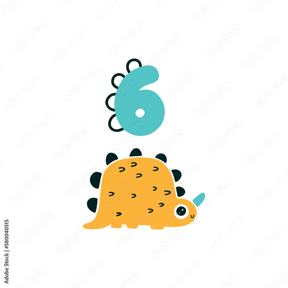 Dinosaur with number six. Color cute nursery card character ...
