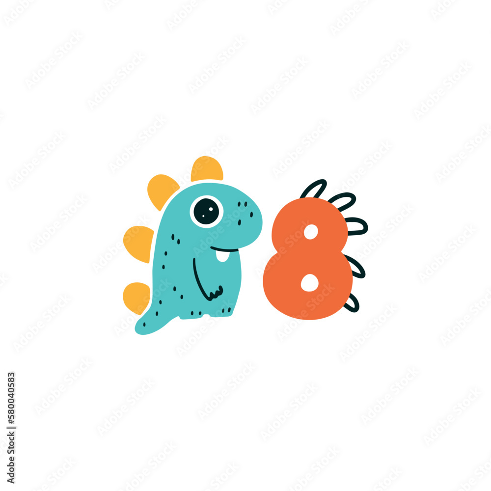Dinosaur with number eight. Color cute nursery card character ...
