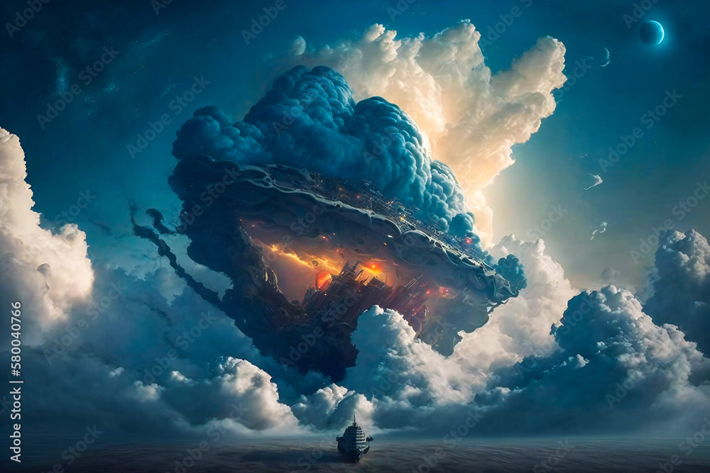 Giant alien space ship surrounded by clouds. Created with Generative AI ...