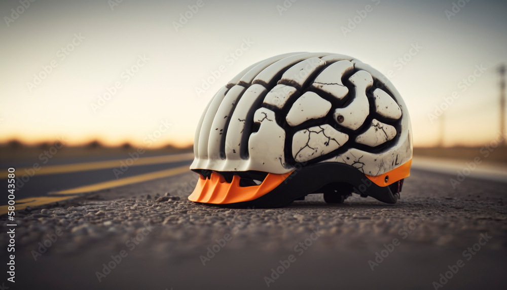 Human brain visualizing a bike helmet on an asphalt road, symbolizing ...
