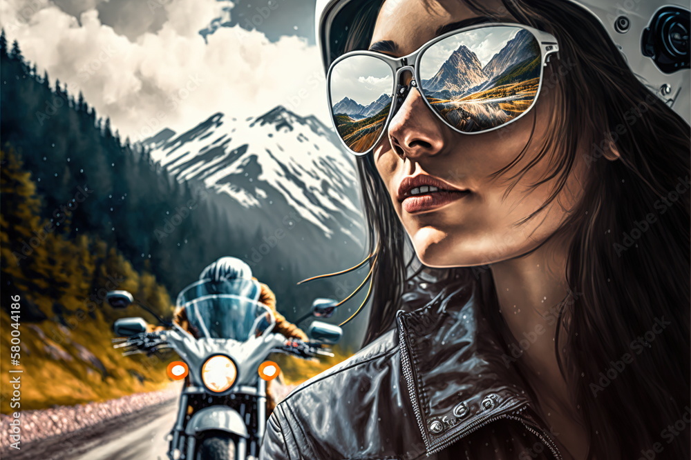 Wondrous portrait of motorcycle female rider with sunglasses and ...