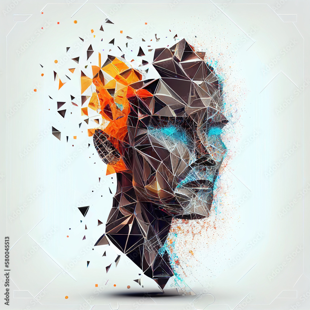 Low poly 3D head, human face structure made of pixels and particles ...