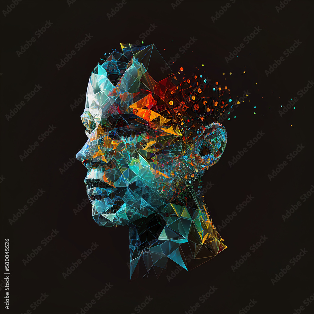 Low poly 3D head, human face structure made of pixels and particles ...