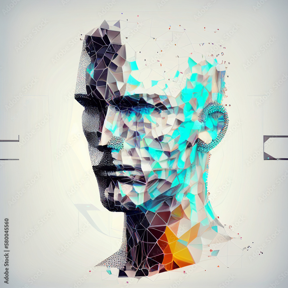 Low poly 3D head, human face structure made of pixels and particles ...