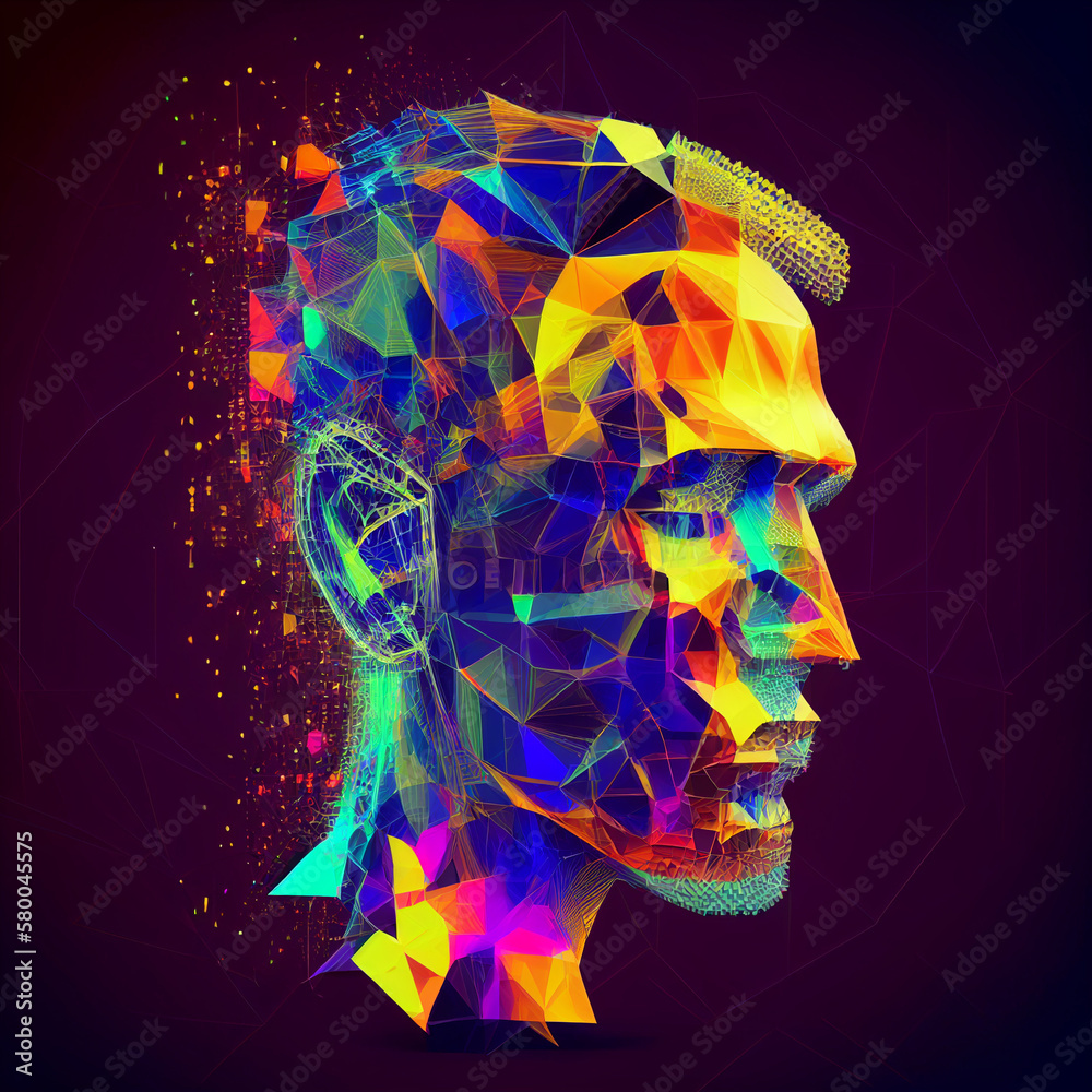 Low poly 3D head, human face structure made of pixels and particles ...
