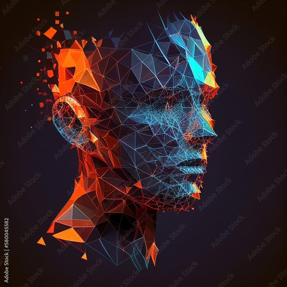Low poly 3D head, human face structure made of pixels and particles ...