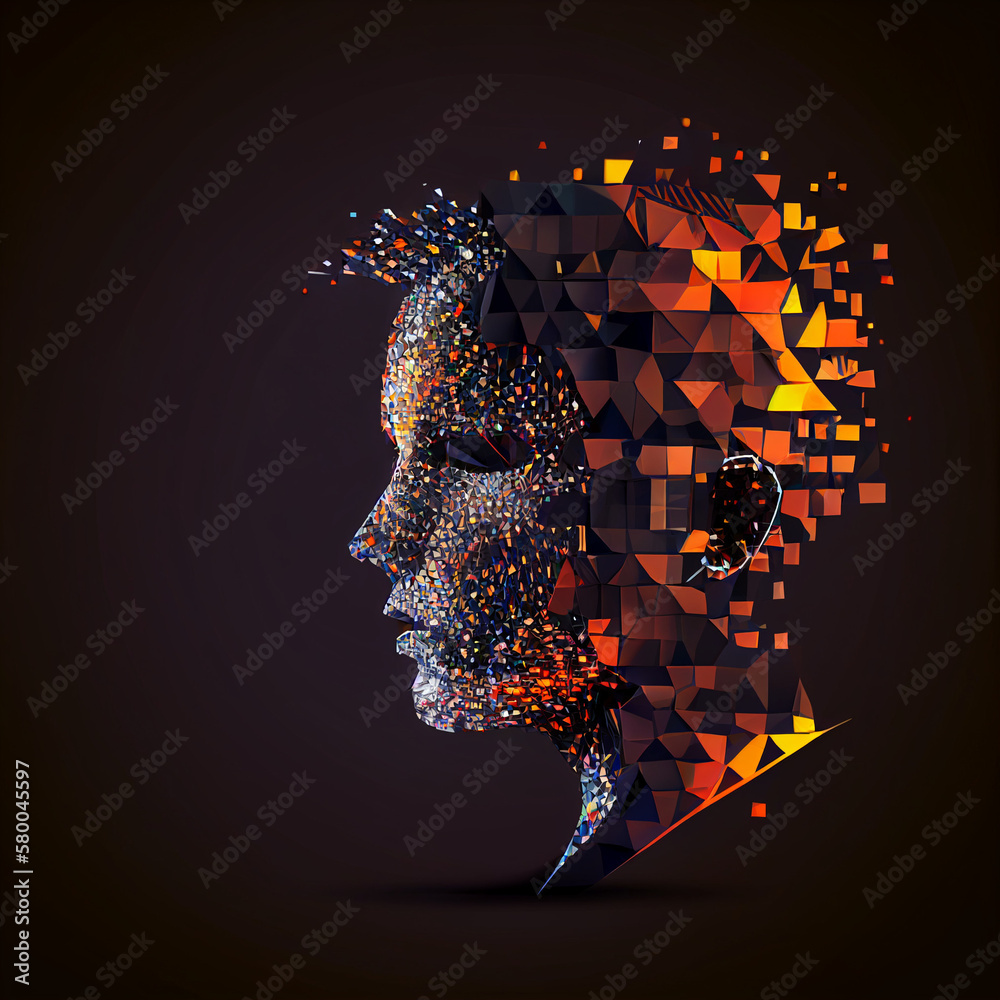 Low poly 3D head, human face structure made of pixels and particles ...
