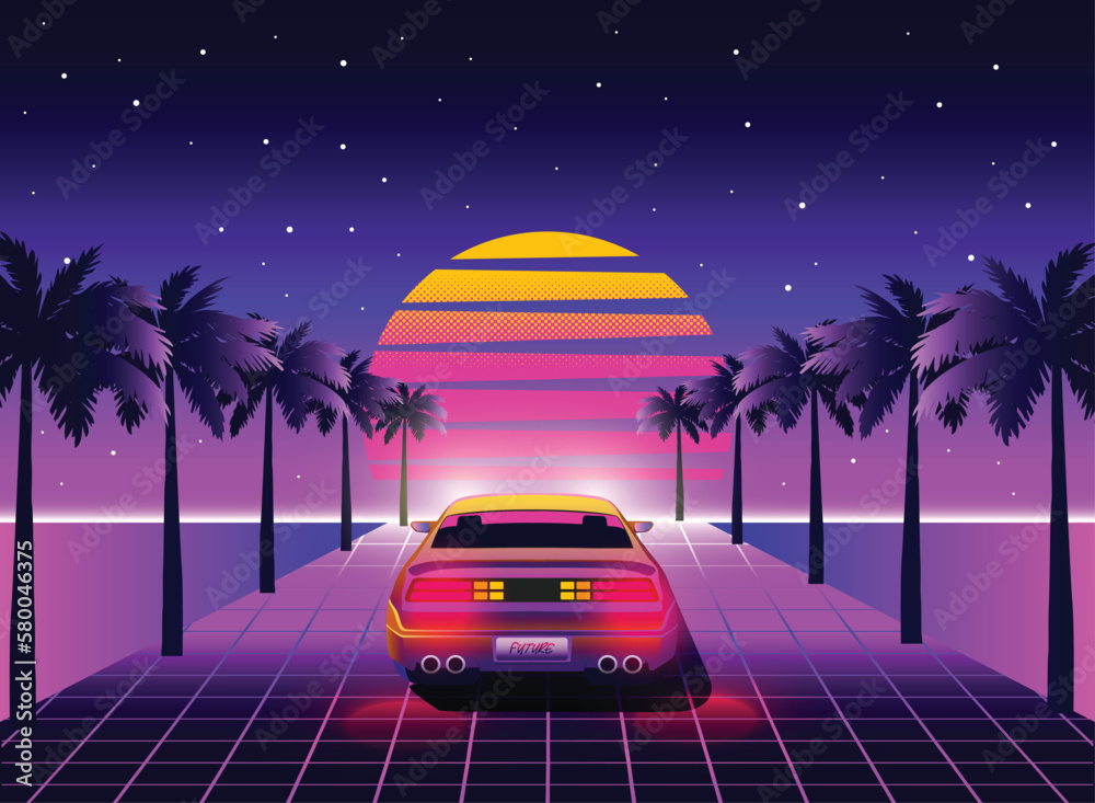 Retro 80s sci-fi futuristic style background with supercar. Vector retro futuristic synth wave ...