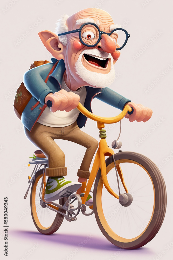 Cartoon style illustration of a happy smiling elderly man riding a ...