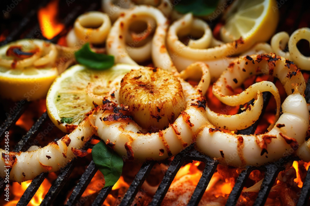 Bbq, grilled calamari with lemon on grill grate with fire. Close-up ...