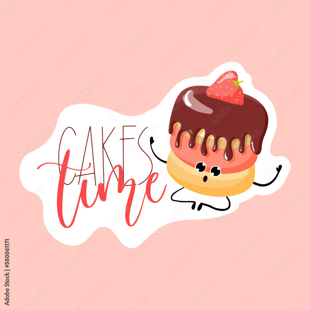 Cake time sticker. chocolate brownie with strawberries sticker. Bakery ...