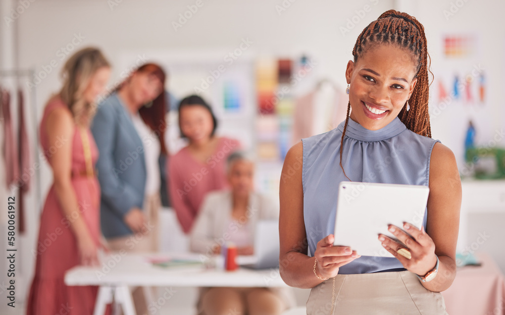 Black woman, fashion designer or digital tablet in clothes design ...