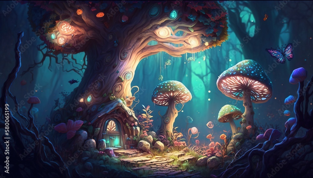 Enchanted Forest: A Whimsical Scene with Fairies, Mushrooms, and ...