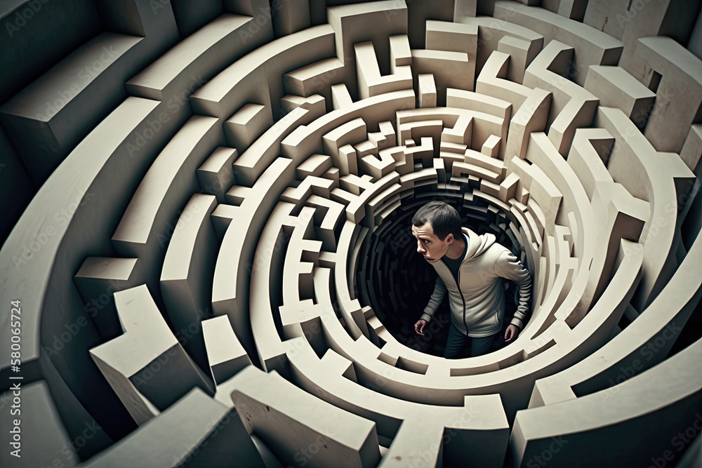 Person wanders in labyrinth of his consciousness. Man silhouette in ...