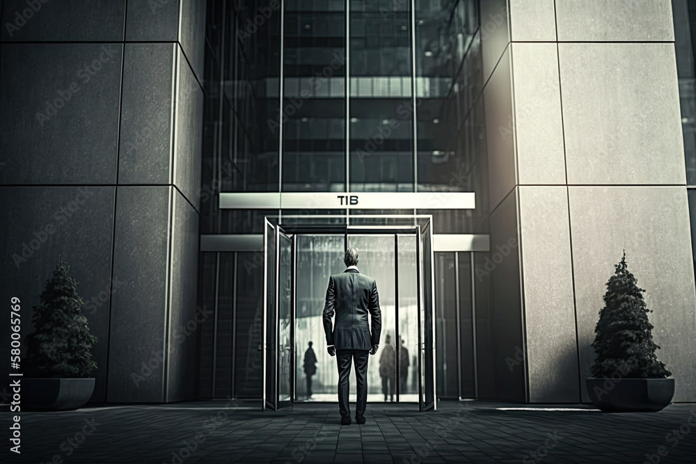 Successful man in business suit stands in front of entrance to an ...