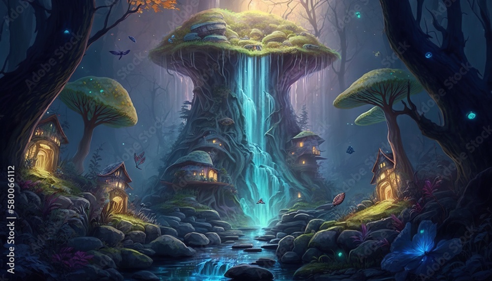 "Enchanted Forest: A Magical World of Glowing Mushrooms, Cascading Waterfall, and Hidden ...