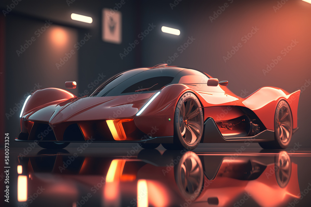 The red car is in the garage, side view. Sports car, futuristic ...