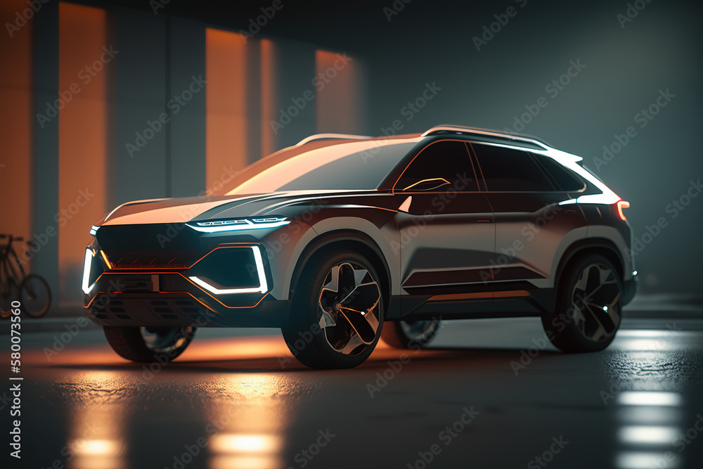 The car is in the garage, side view.. Sports car, futuristic autonomous ...