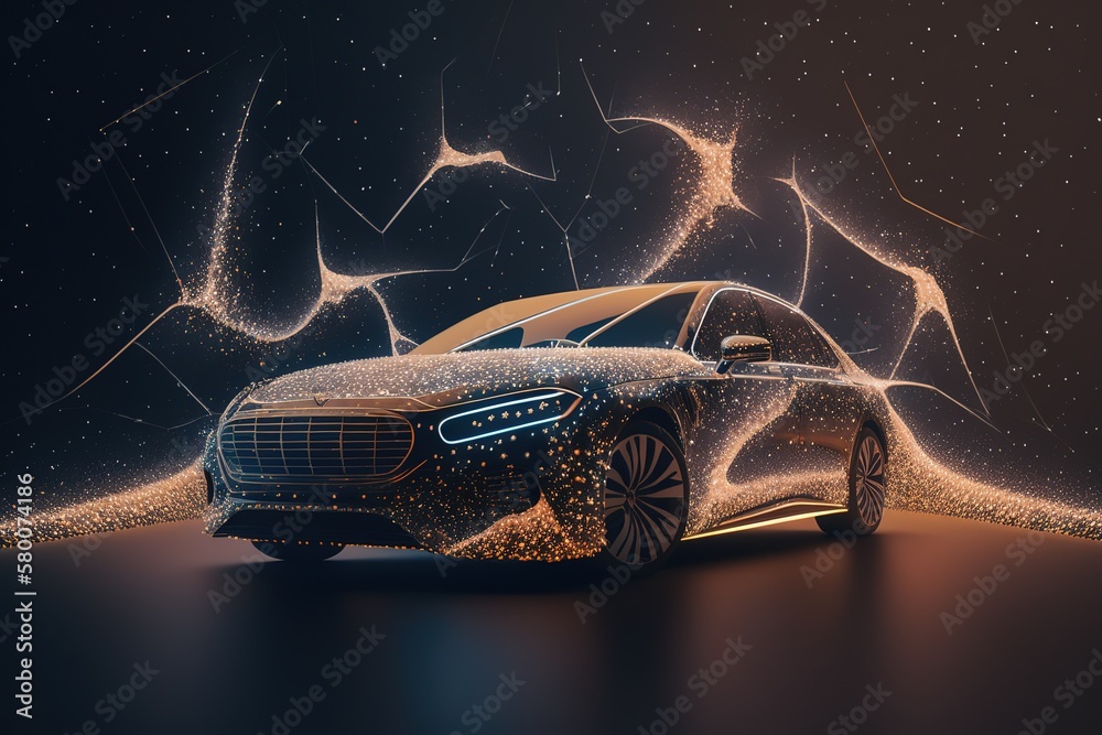 The car stands in neon lighting on a dark background, side view. Sports ...